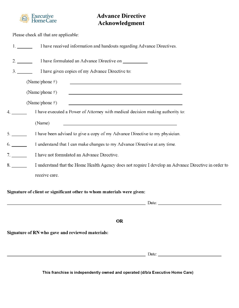 Advance Directive Acknowledgment Form – Executive Home Care Company Store