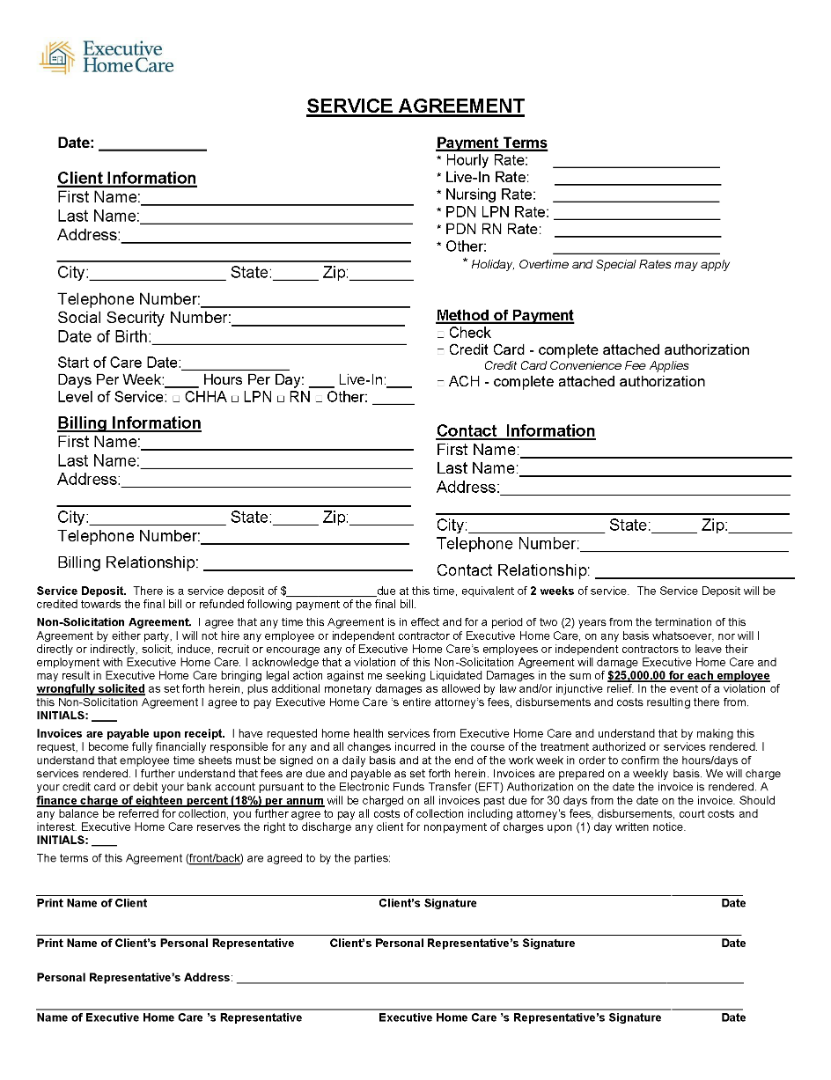 Service Agreement Form – Executive Home Care Company Store