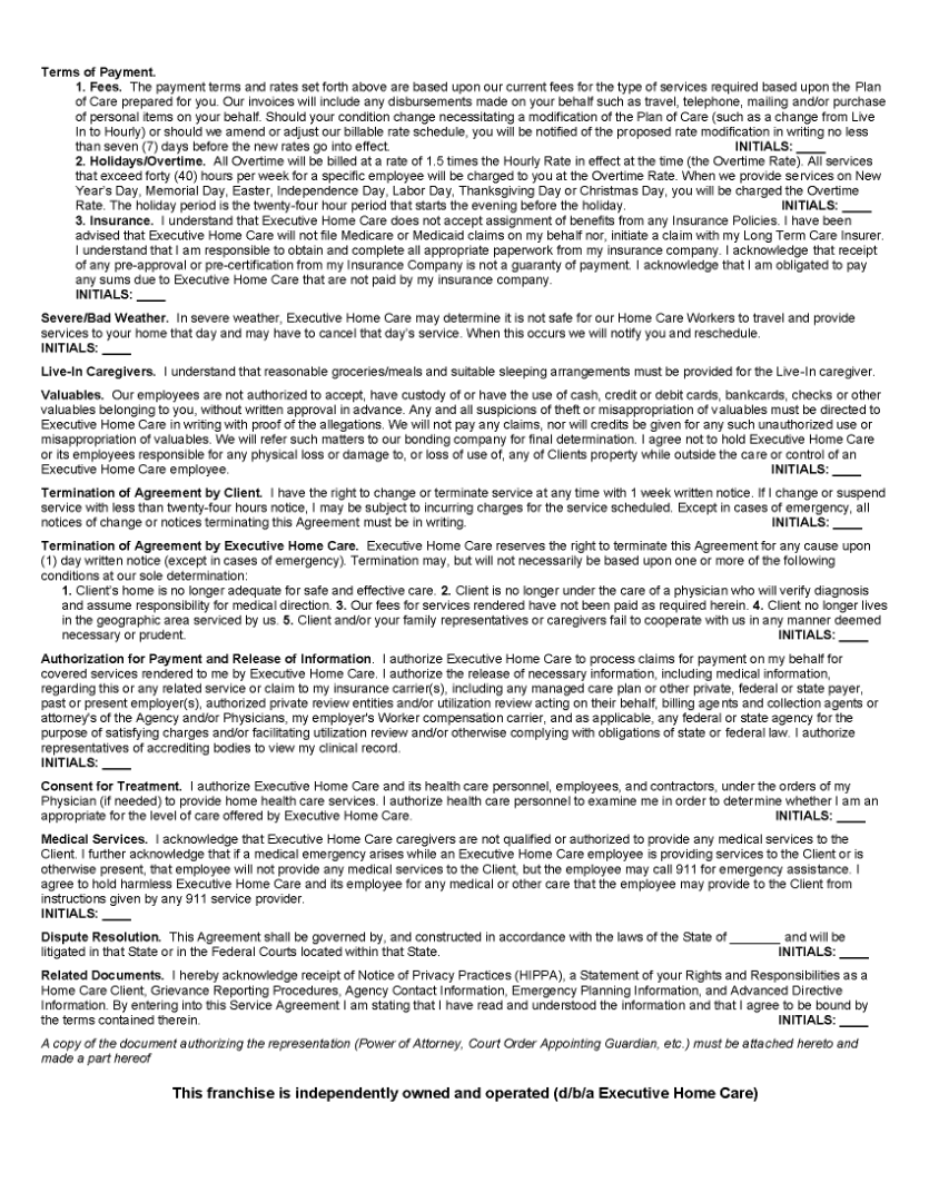 Service Agreement Form – Executive Home Care Company Store